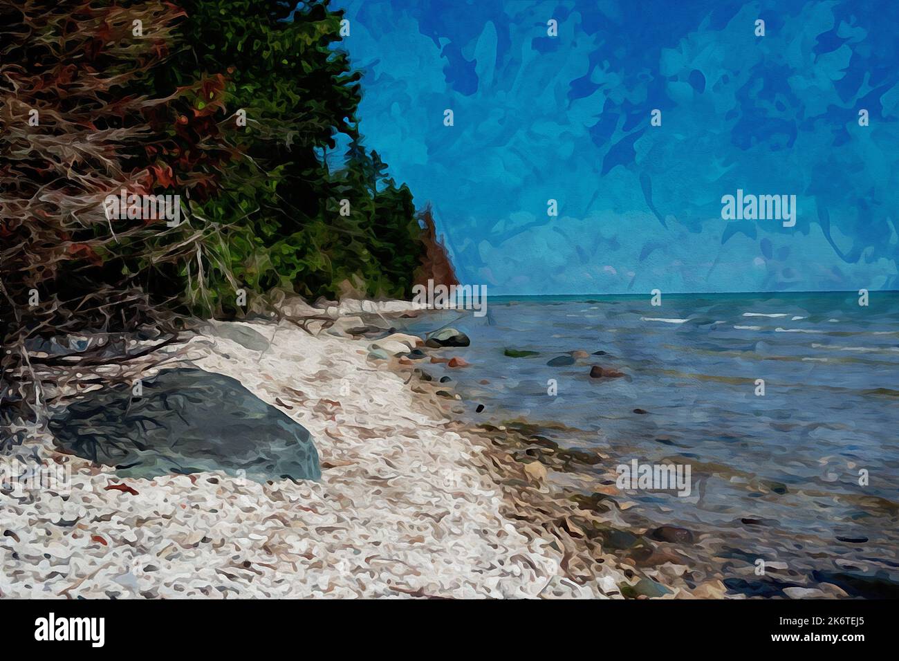 Digitally created watercolor painting of beautiful lakeshore of Lake ...