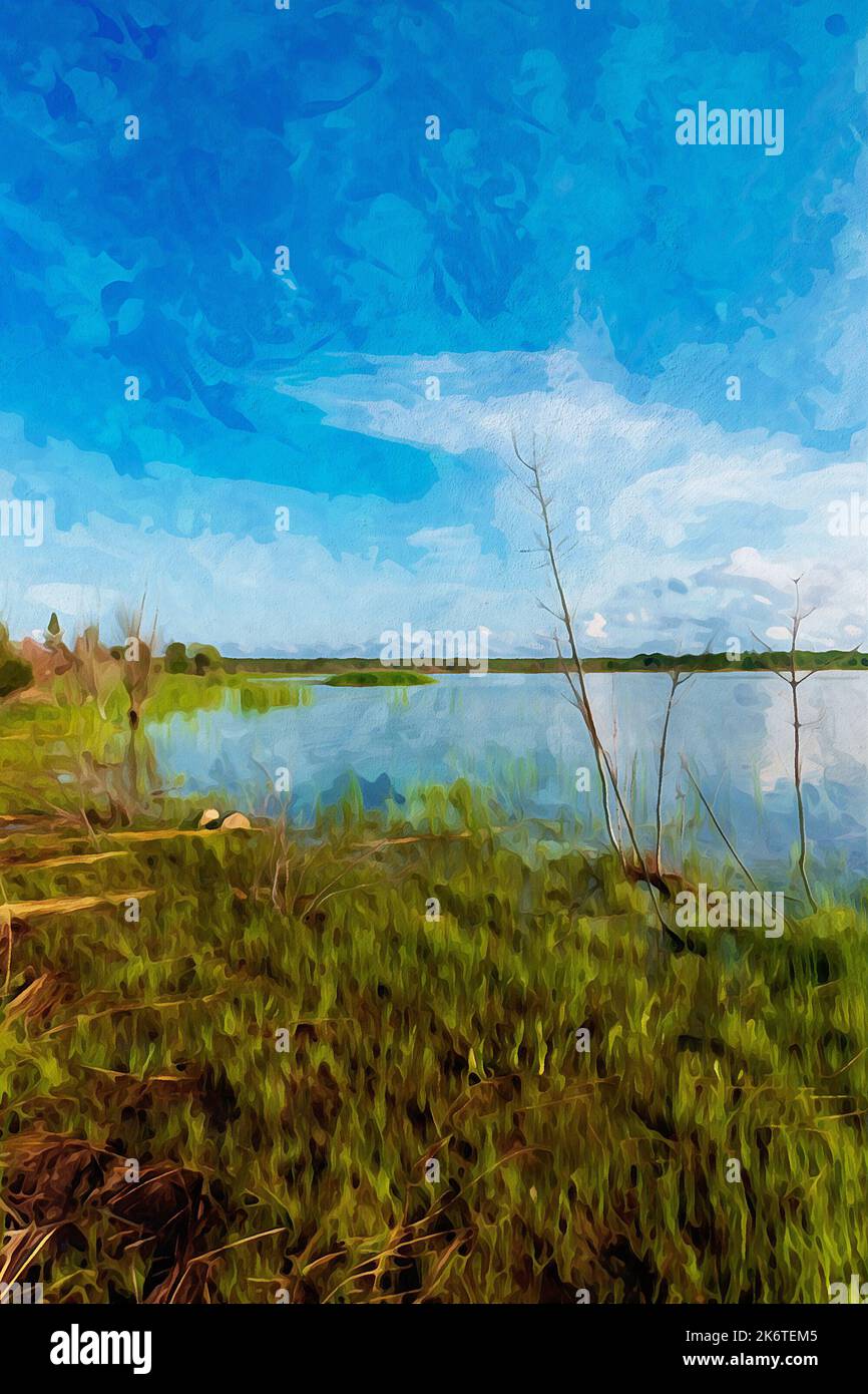 Digitally created watercolor painting of beautiful lakeshore of Duncan ...