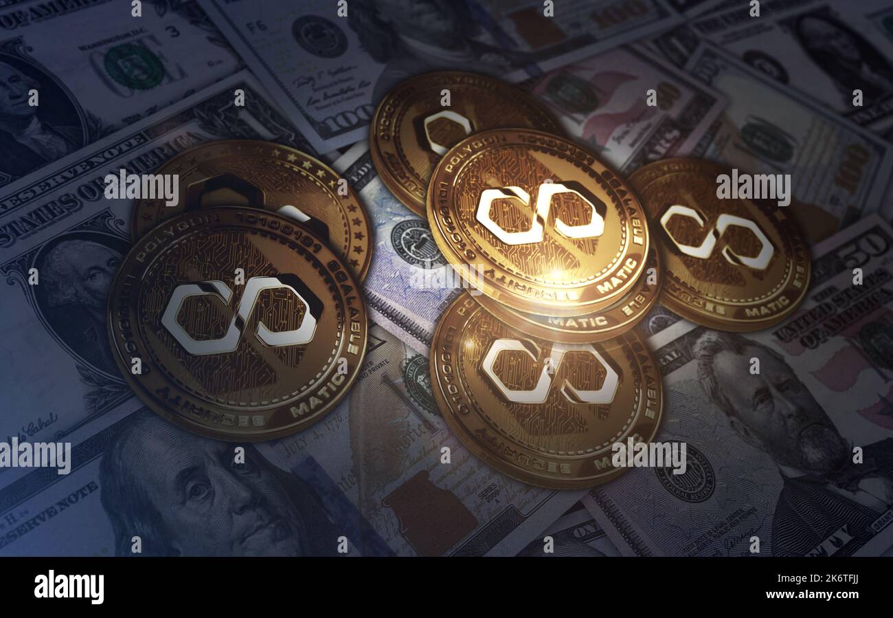 Polygon Matic cryptocurrency golden coin over Dollar banknotes. Online ...