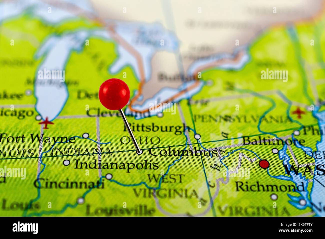 Columbus map. Columbus pinned. Map with red pin point of Columbus in ...