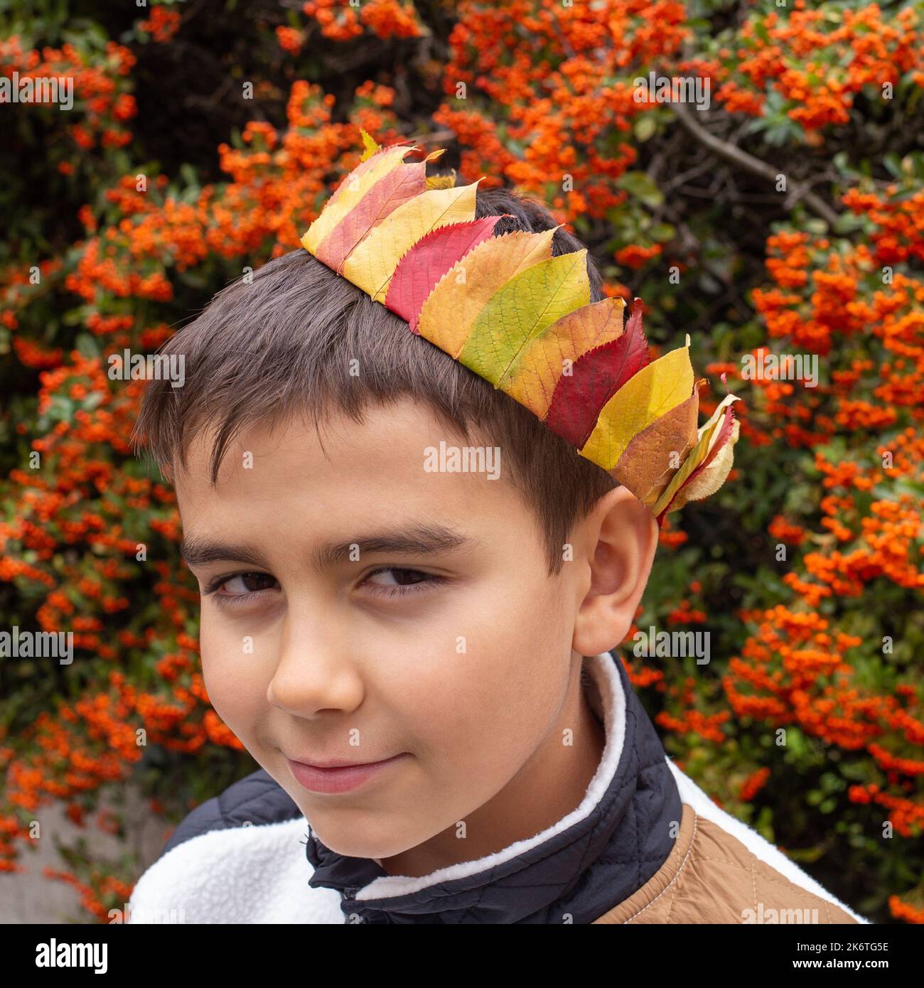 8 years old child boy and autumn leaves crown in park, nature forest ...