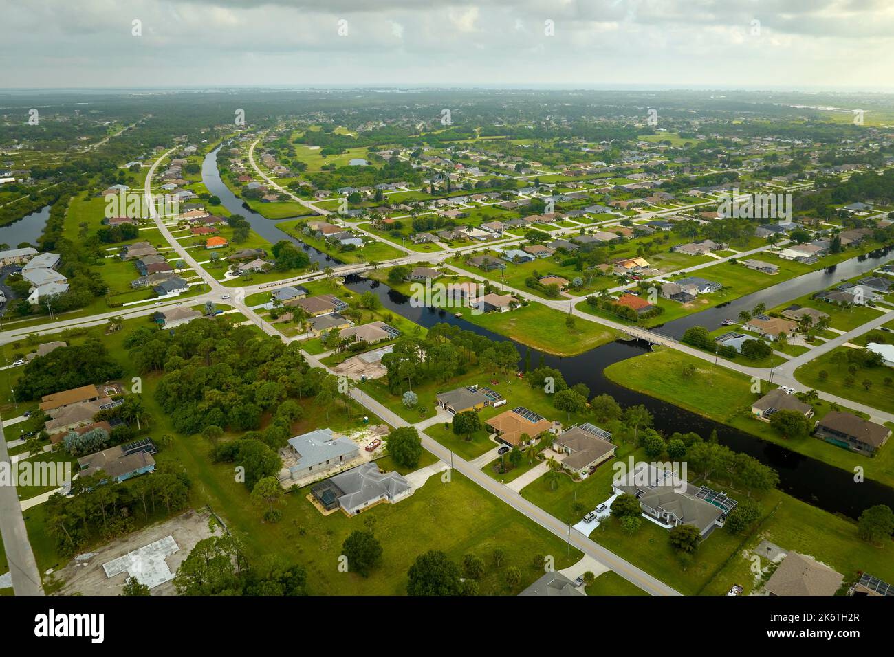 Aerial view of small town America suburban landscape with private homes ...