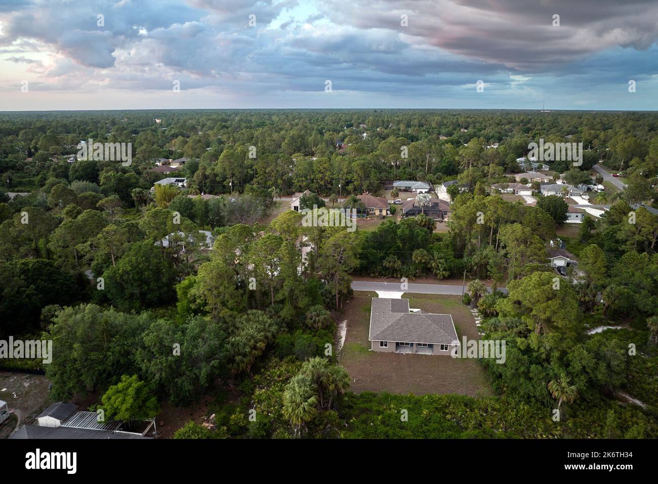 Aerial view of small town America suburban landscape with private homes ...