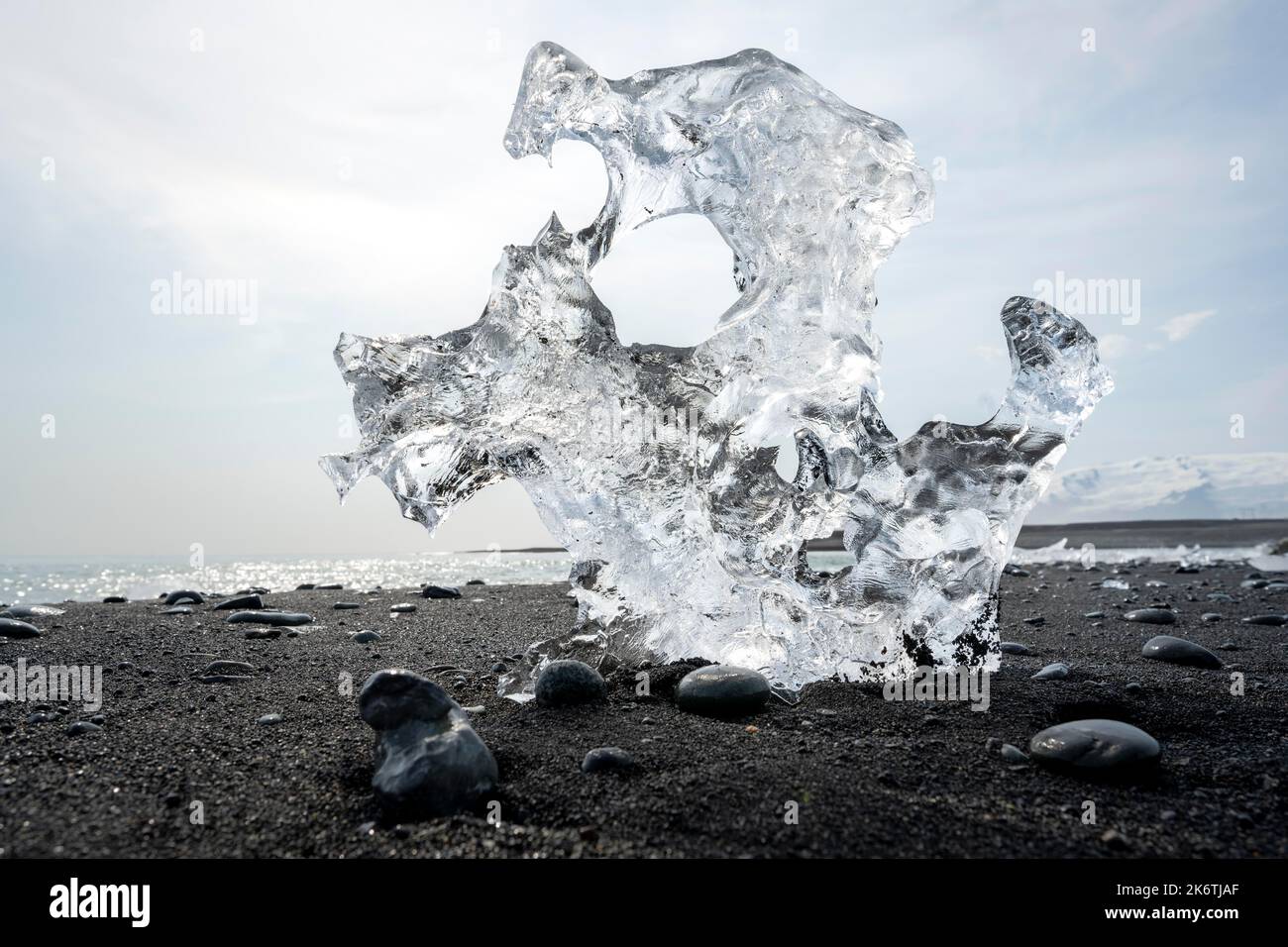 Ice, piece of ice with holes on the black sand beach, on the black lava ...