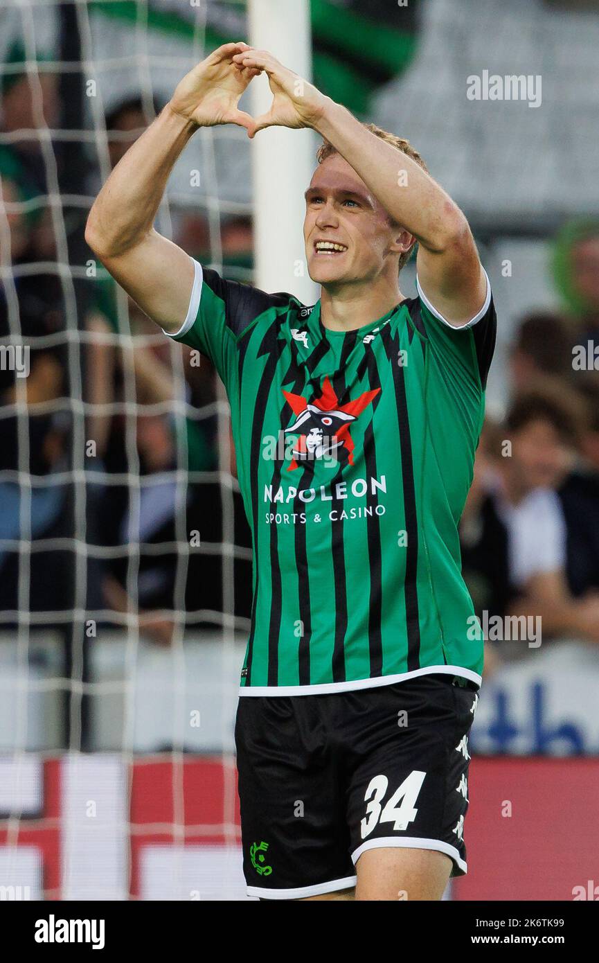 Cercle's Thibo Somers celebrates after scoring during a soccer match ...