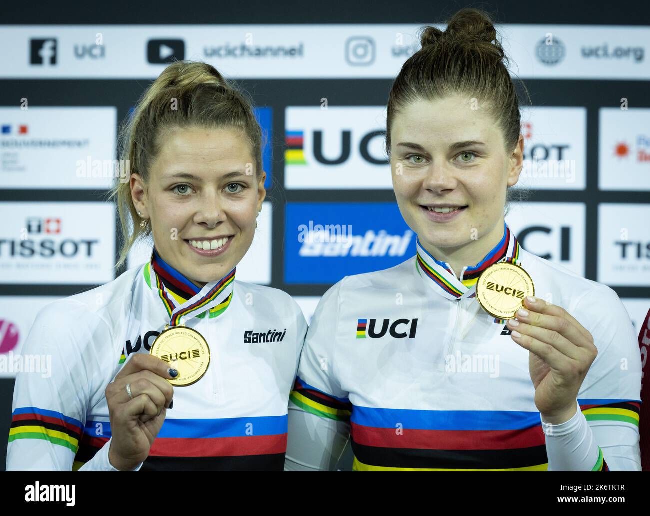 Belgian pair Shari Bossuyt and Lotte Kopecky celebrate on the podium ...
