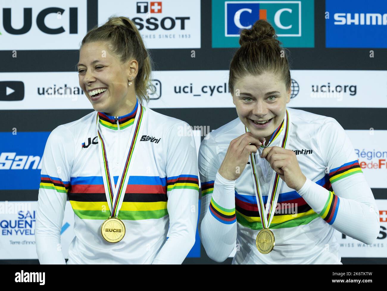 Belgian pair Shari Bossuyt and Lotte Kopecky celebrate on the podium ...