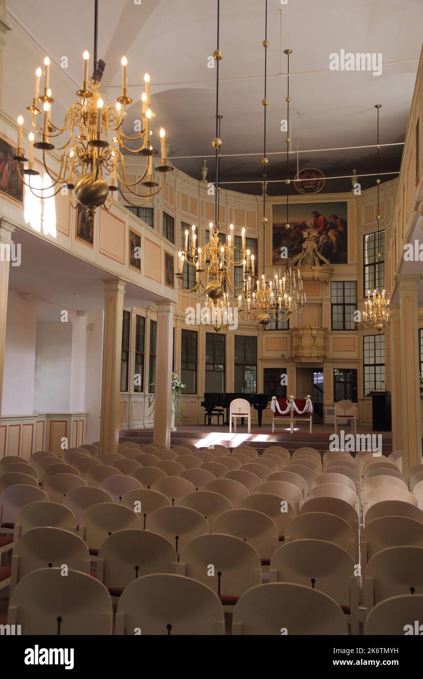 Interior view of the castle church with chandelier and seating, church ...