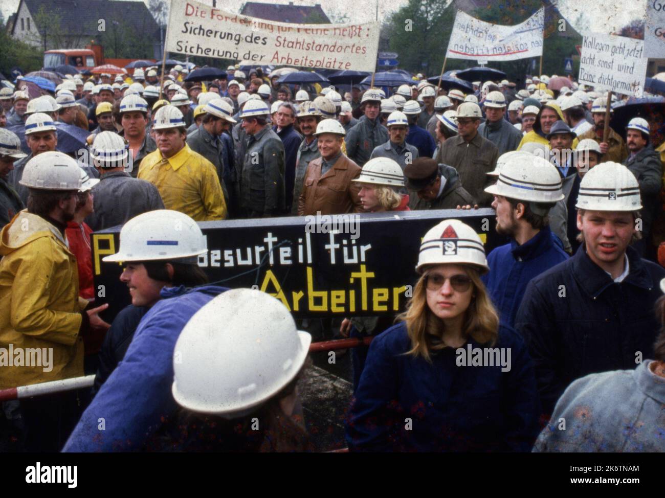 Steelworkers for job preservation ca 1980s. Peine Stock Photo - Alamy