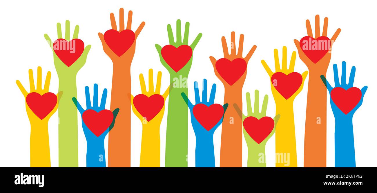 Hands of volunteers. Hands with heart in vector illustration. Charity ...
