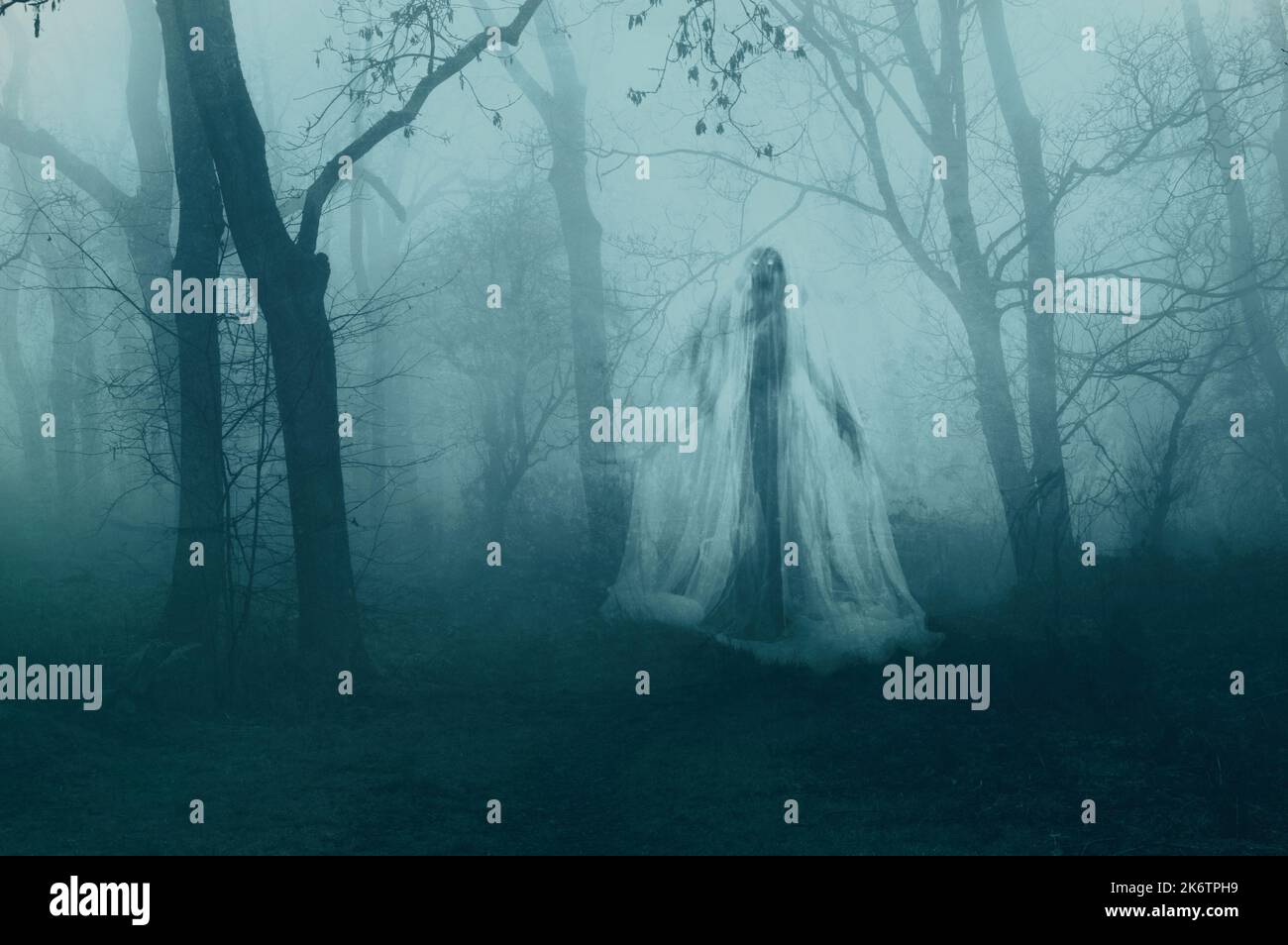 A scary screaming demon woman. Floating in a spooky forest on a foggy ...