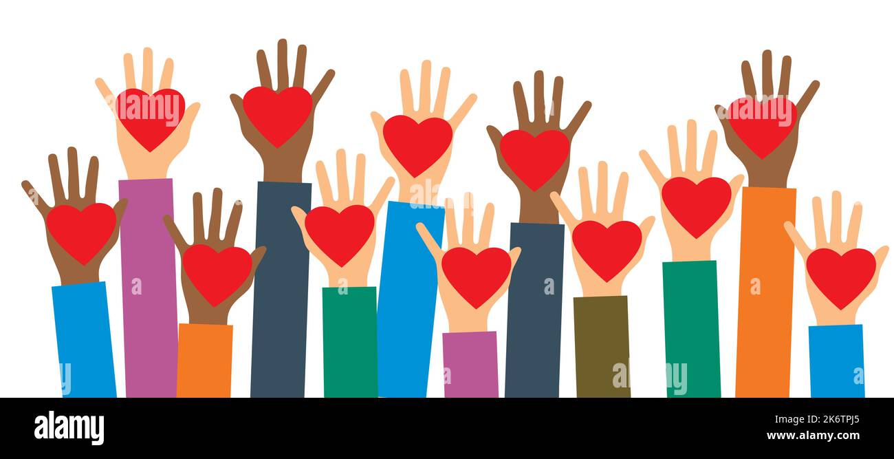 Hands of volunteers. Hands with heart in vector illustration. Charity ...
