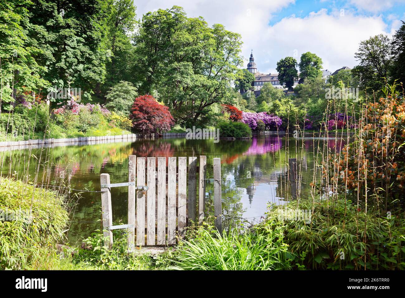 Door to the pond in the castle park, created in the 18th century at the ...
