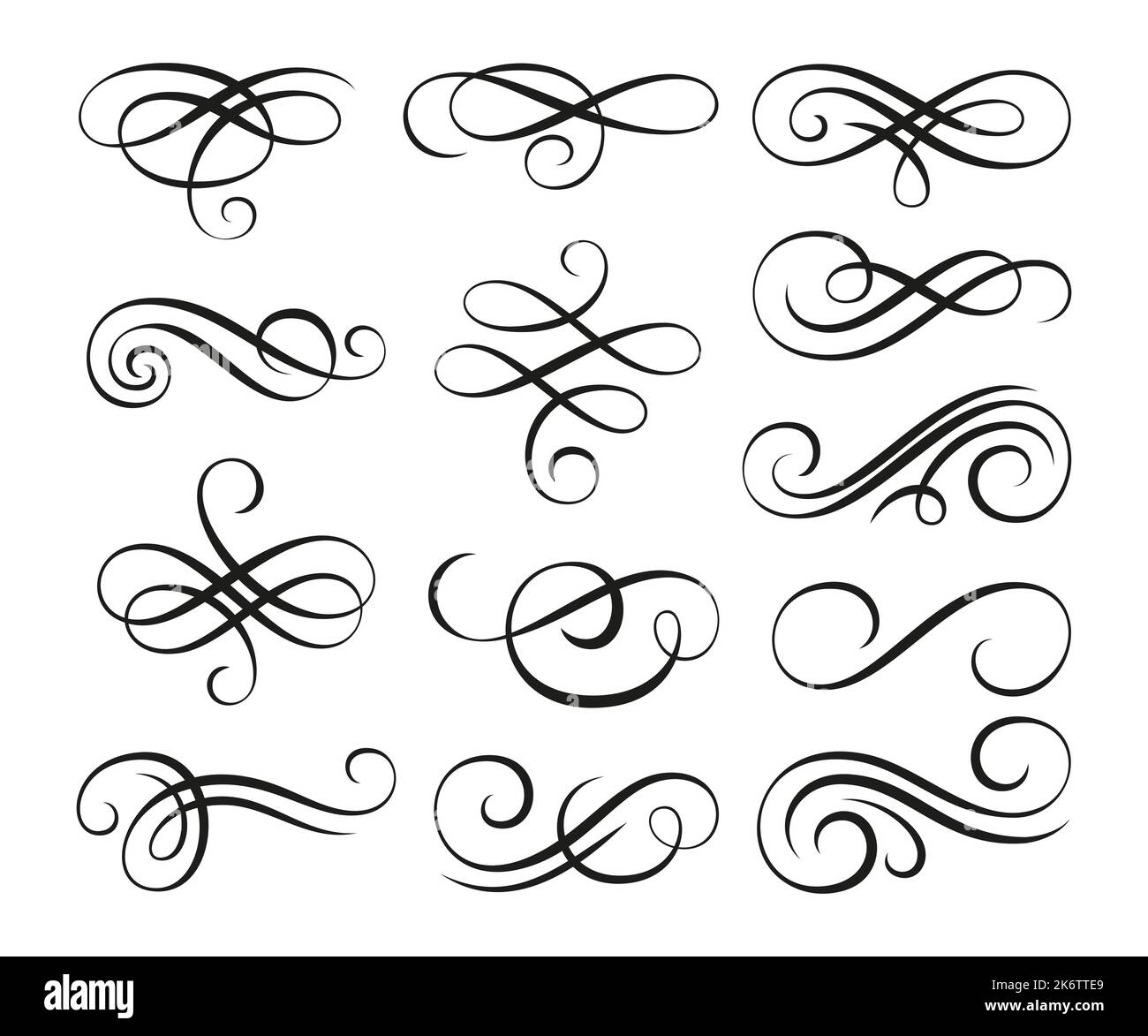 Calligraphic swirl separator ornament linear flourish set. Filigree ...