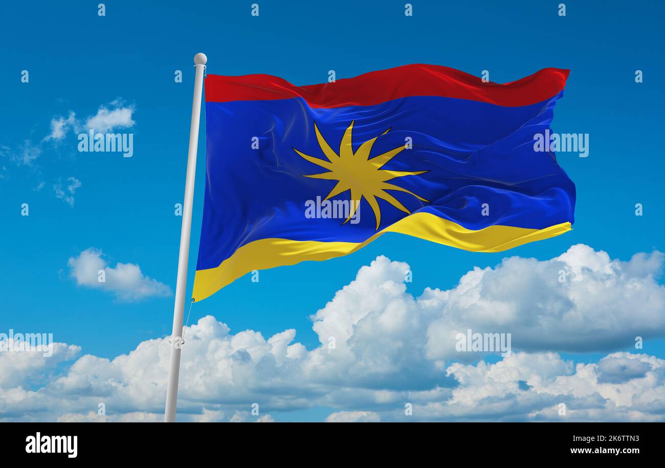 flag of Daco-Romance peoples Serbian Vlachs at cloudy sky background ...