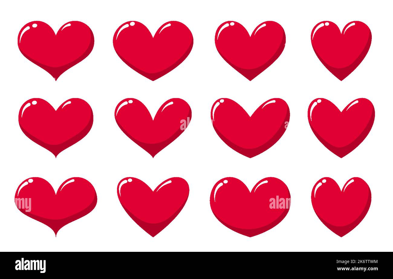 Love hearts red cartoon icon set. Different heart shape romance glossy ...