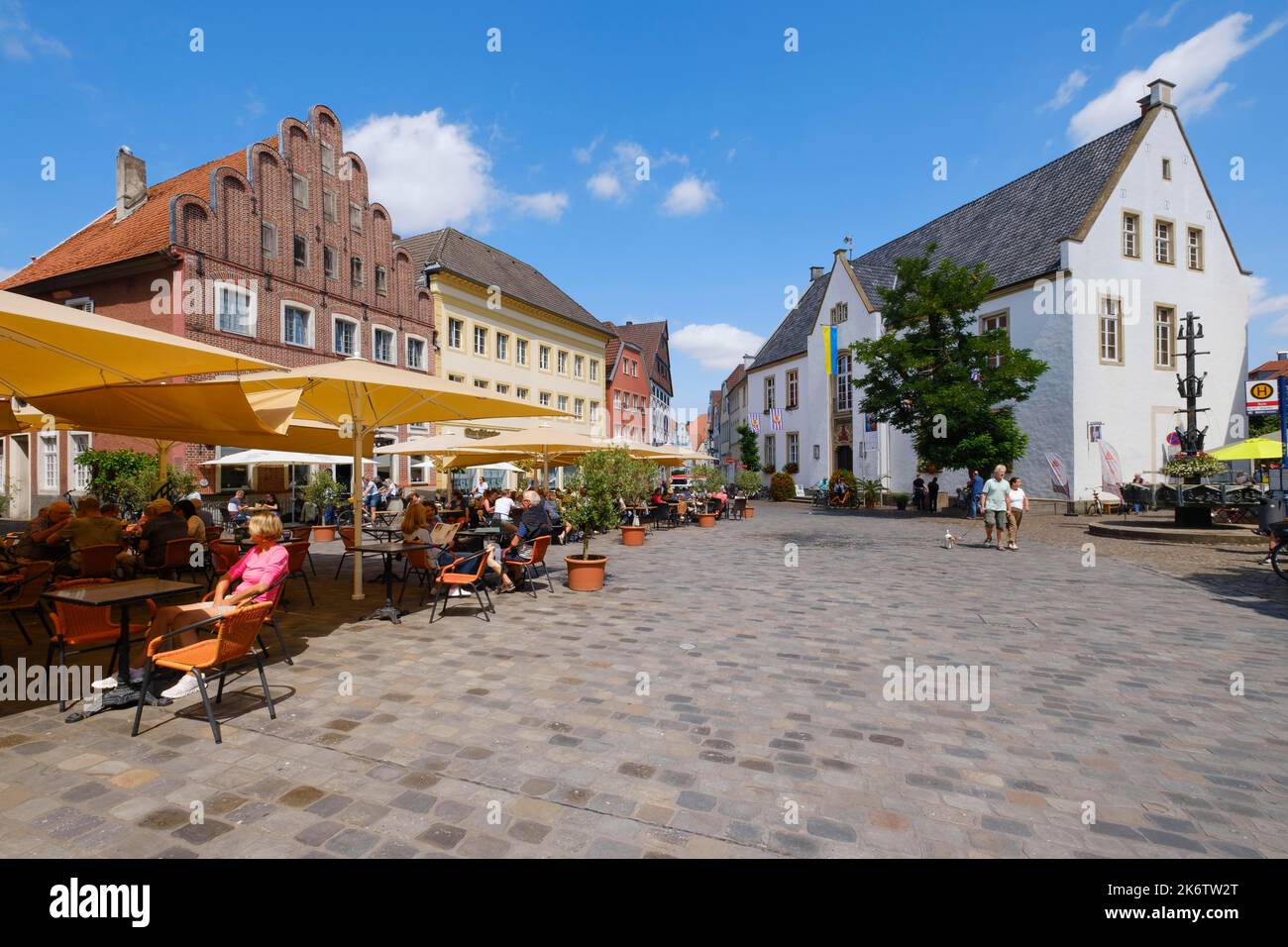 Historic merchants' houses, town hall and street cafe on the market ...