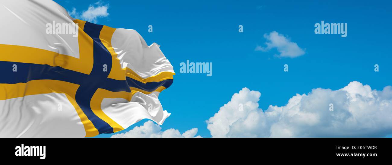 flag of Baltic Finns Sweden Finns at cloudy sky background, panoramic ...