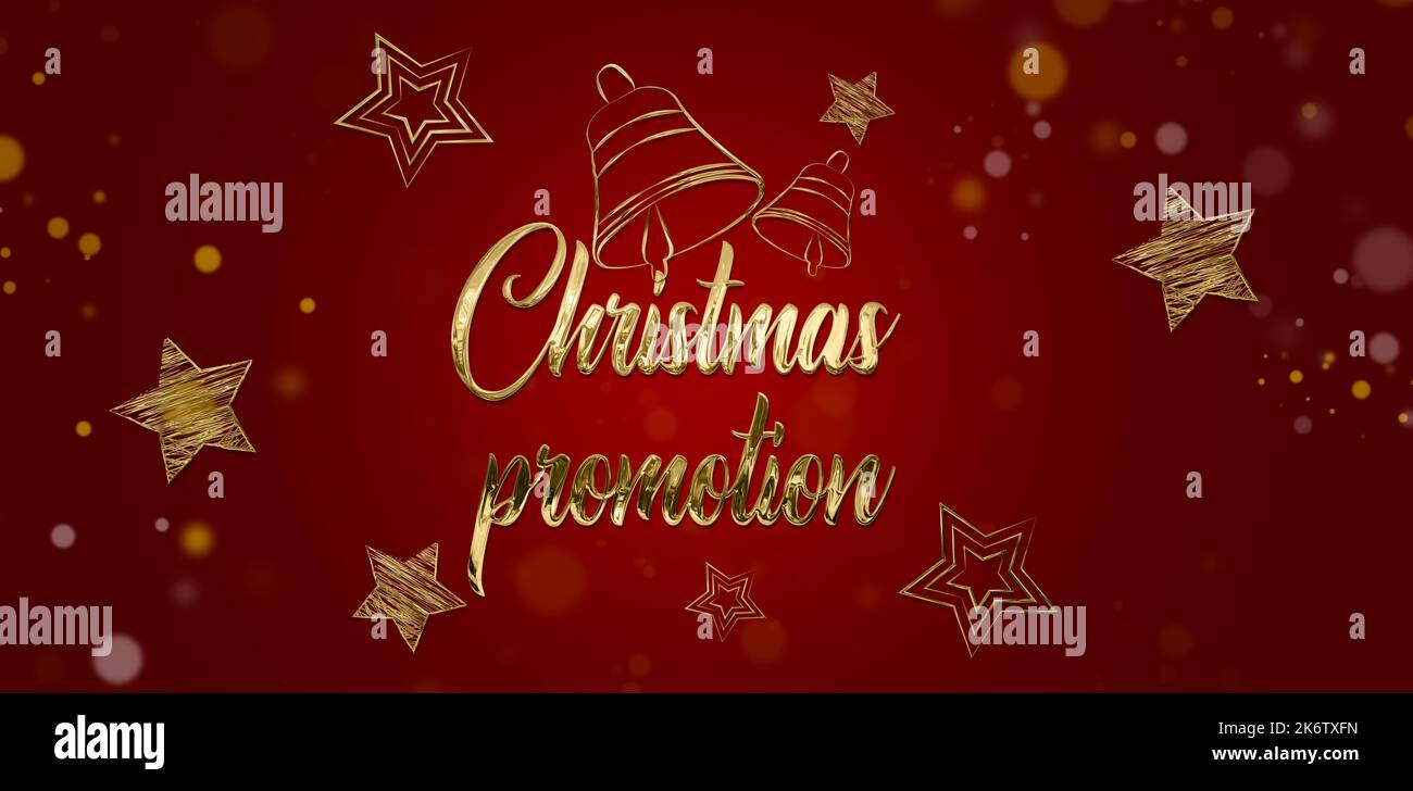 golden christmas promotion with red background with bells and stars ...
