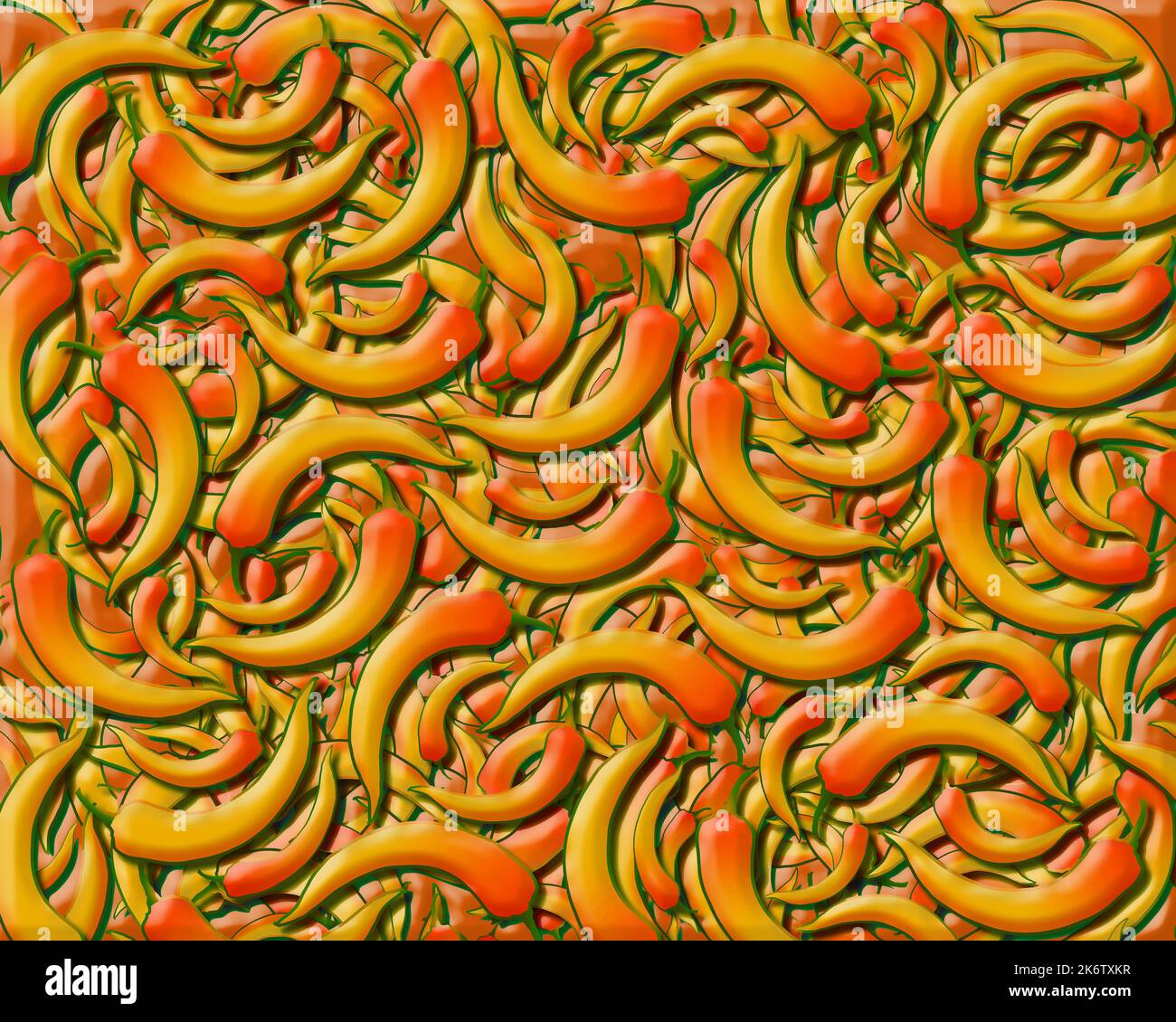 Chili peppers, many of them form a colorful background. This is a 3-d ...