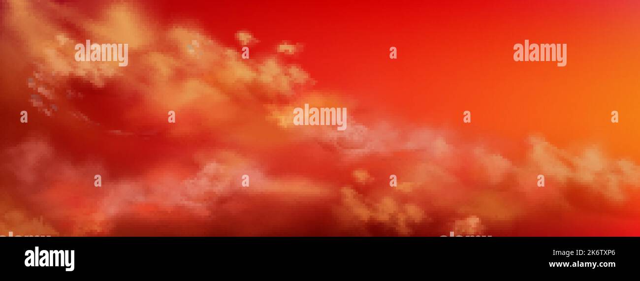 Red sky with fluffy clouds at sunset. Summer cloudy panorama, beautiful ...
