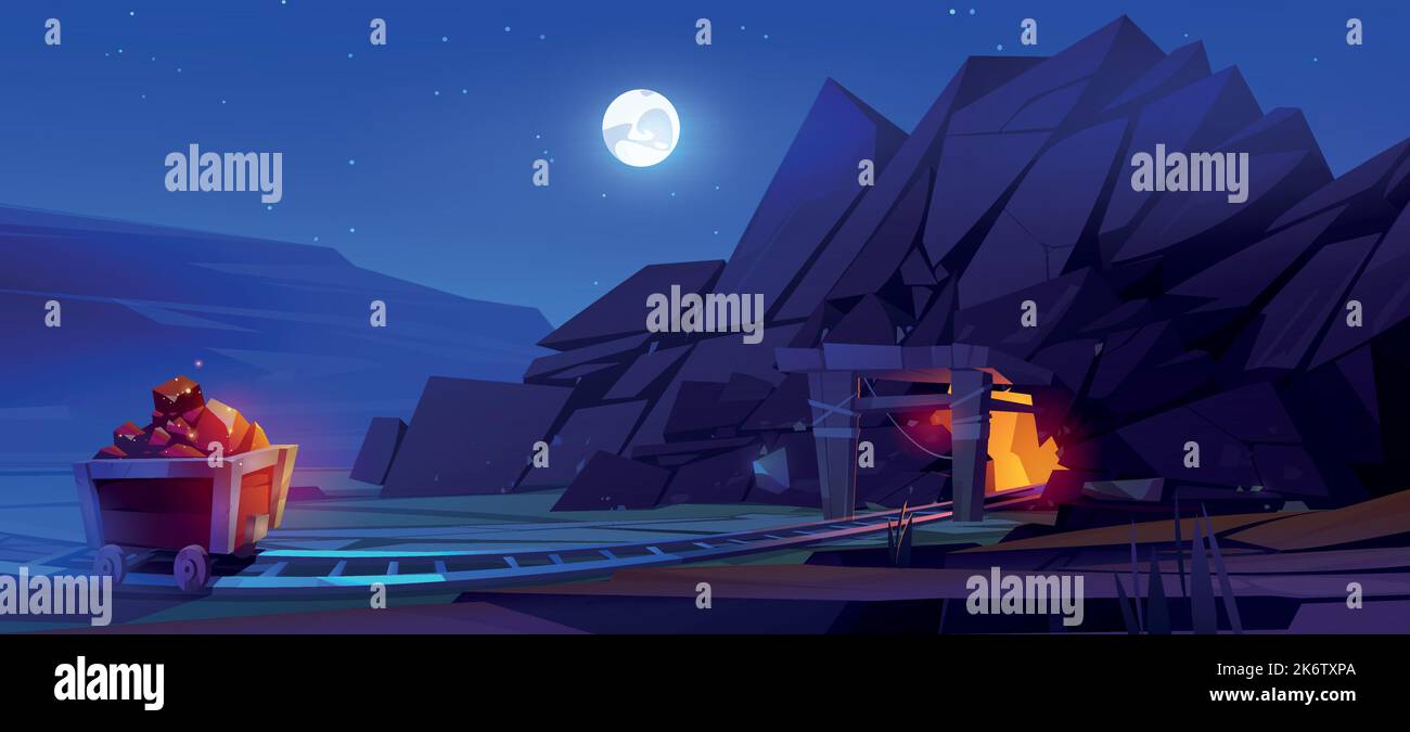 Gold mine entrance with cart full of gold ingots on rails at night ...