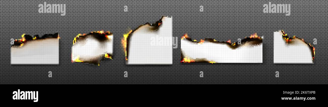 Burning grid paper sheets with fire and black ash. Smoldering notebook ...