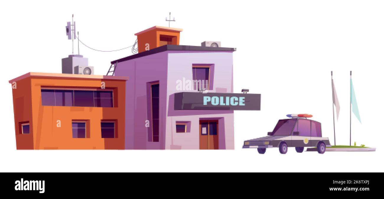 Police station building, law department, office facade with patrol car ...