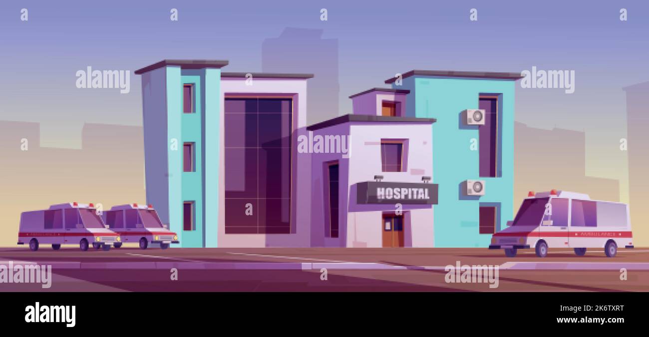 Hospital clinic building exterior with ambulance car truck riding and ...