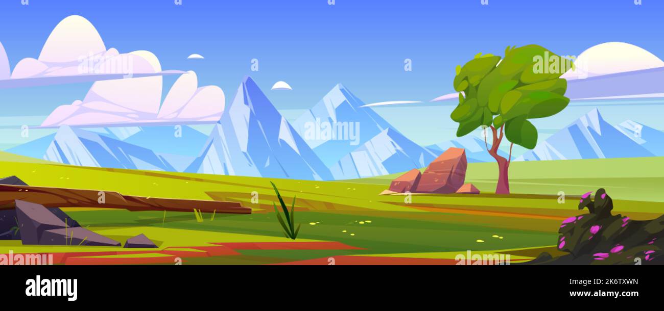 Spring landscape of lawn on mountain valley with green grass. Natural ...