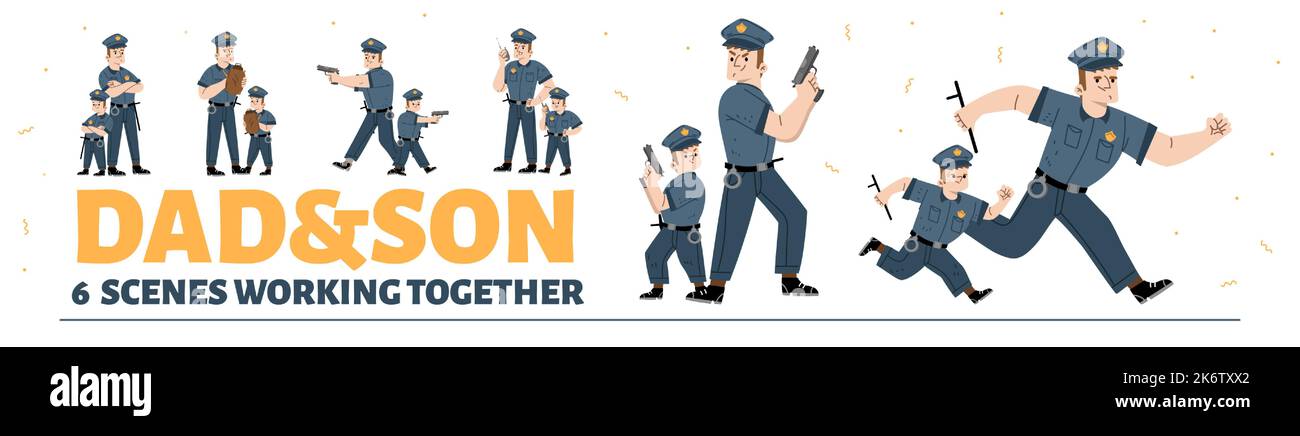 Flat set of dad and son playing police officers together. Vector ...