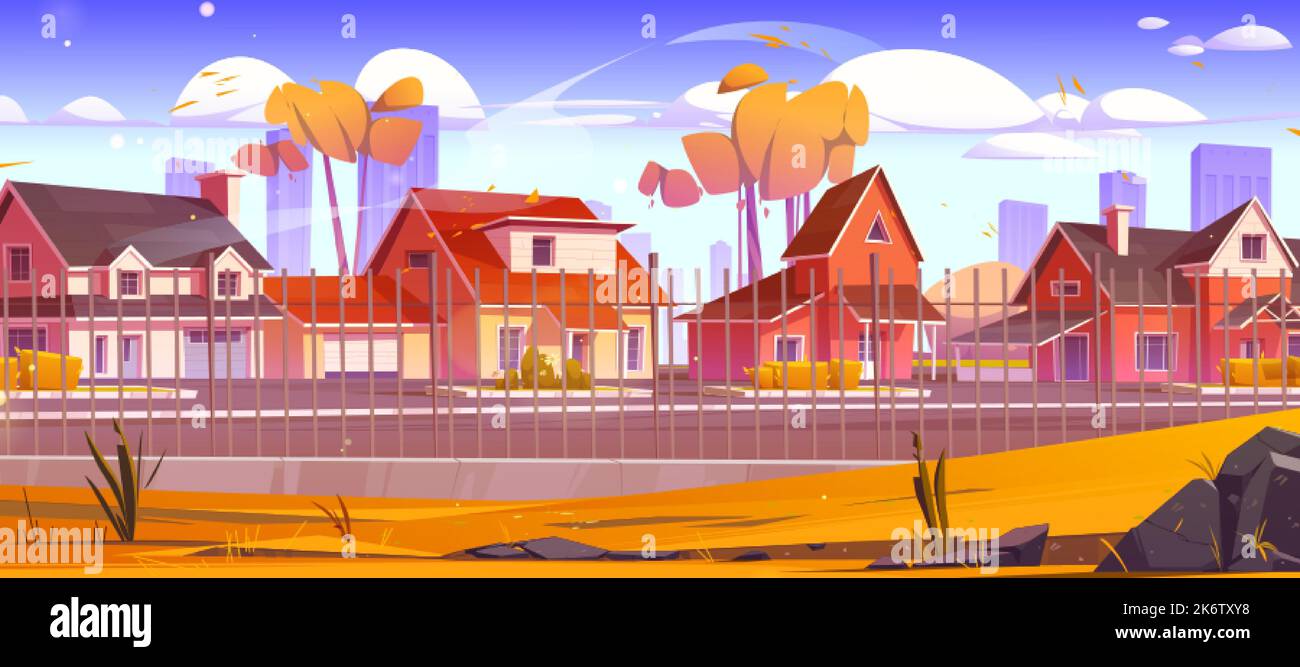 Suburban street behind metal fence in autumn. City suburb district ...