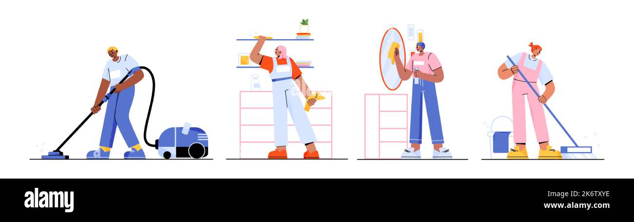 Set of flat characters cleaning home. Vector illustration of happy men ...
