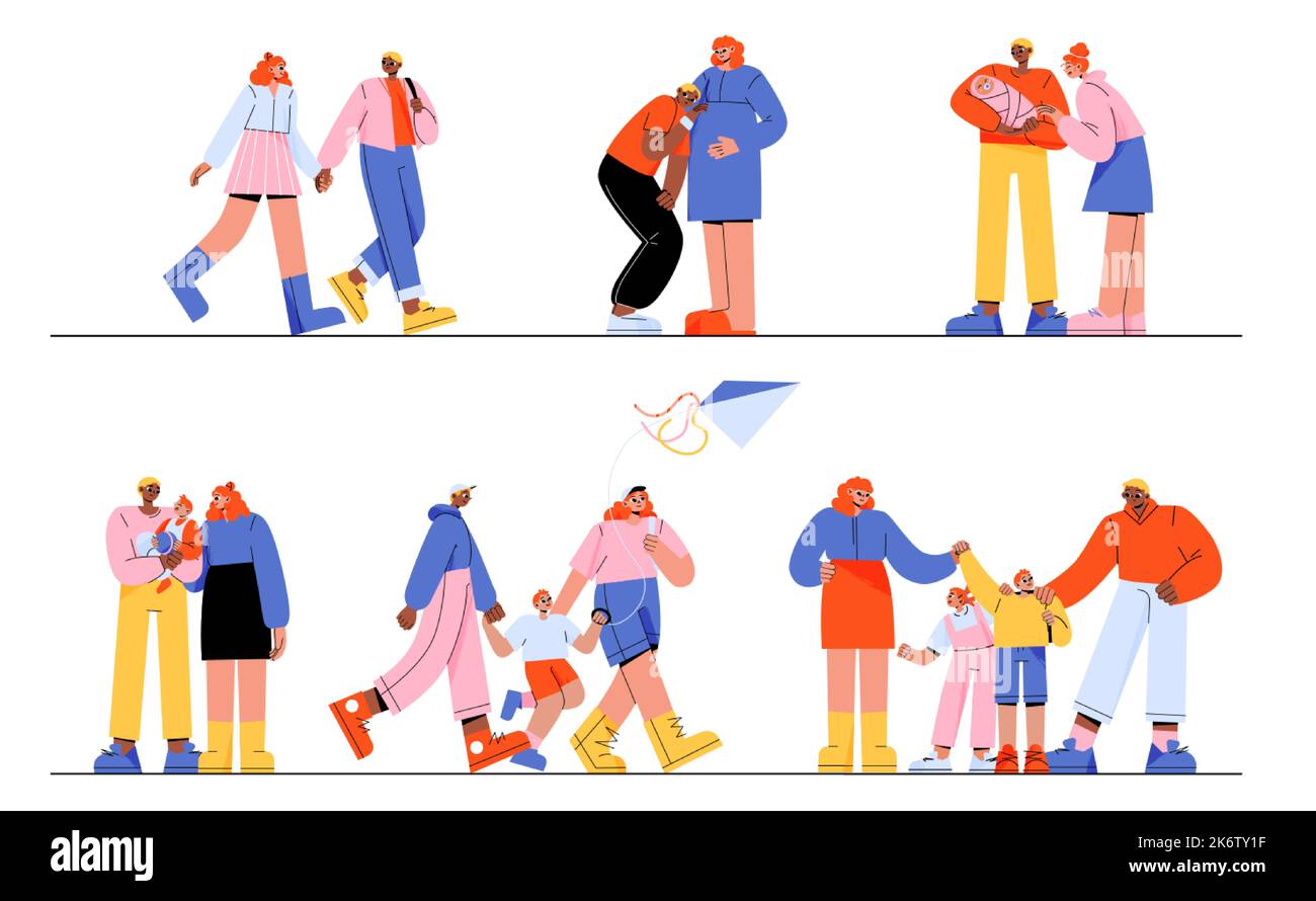 Family life cycle flat vector illustration. Happy young man and woman ...