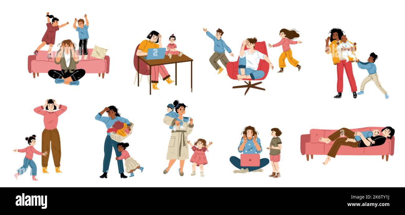 Set of tired mothers with children. Flat vector illustration of ...