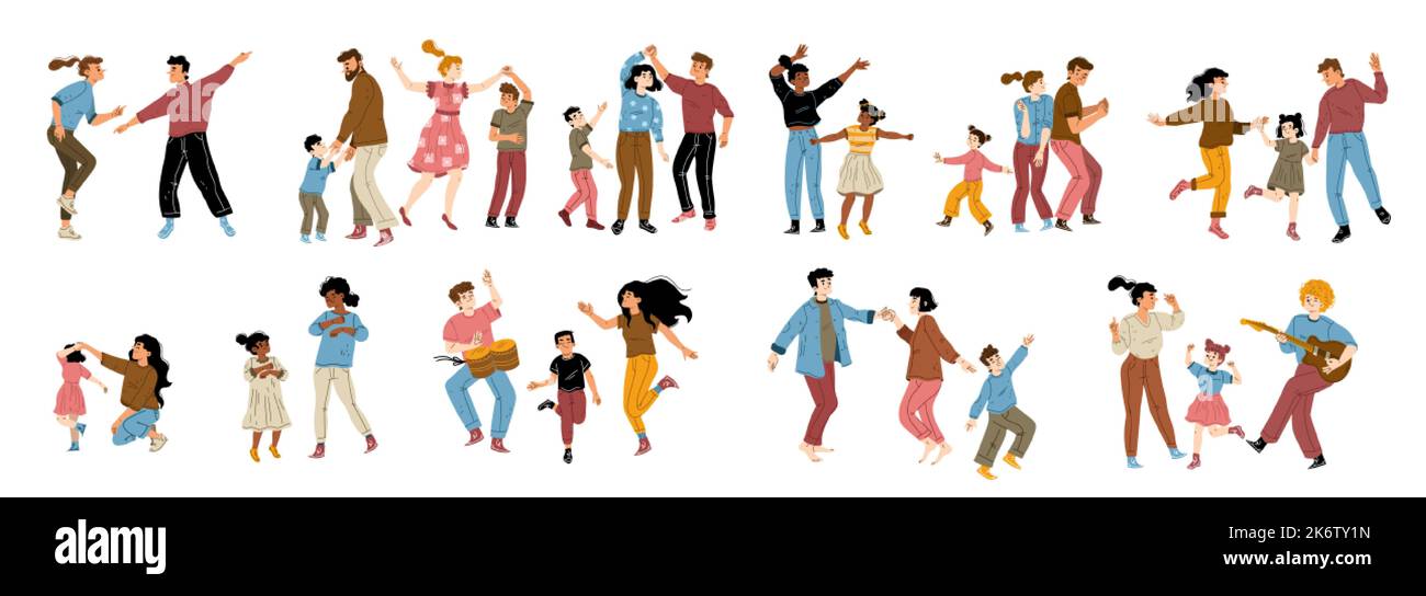 Happy couples and families with kids dancing. Diverse characters ...