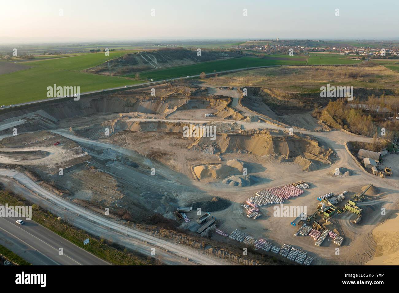 Aerial view of open pit mine of sandstone materials for construction ...
