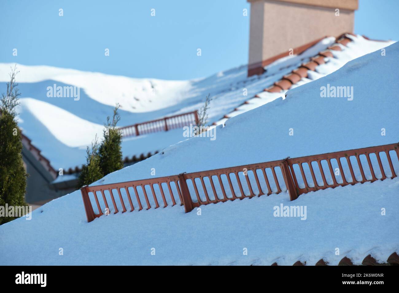 Snow guard for safety in winter on house roof top covered with steel ...