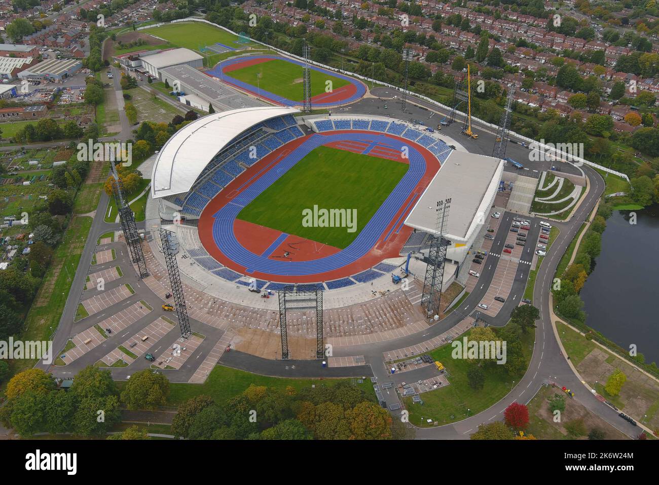 A general overall aerial view of the track at Alexander Stadium, Monday ...