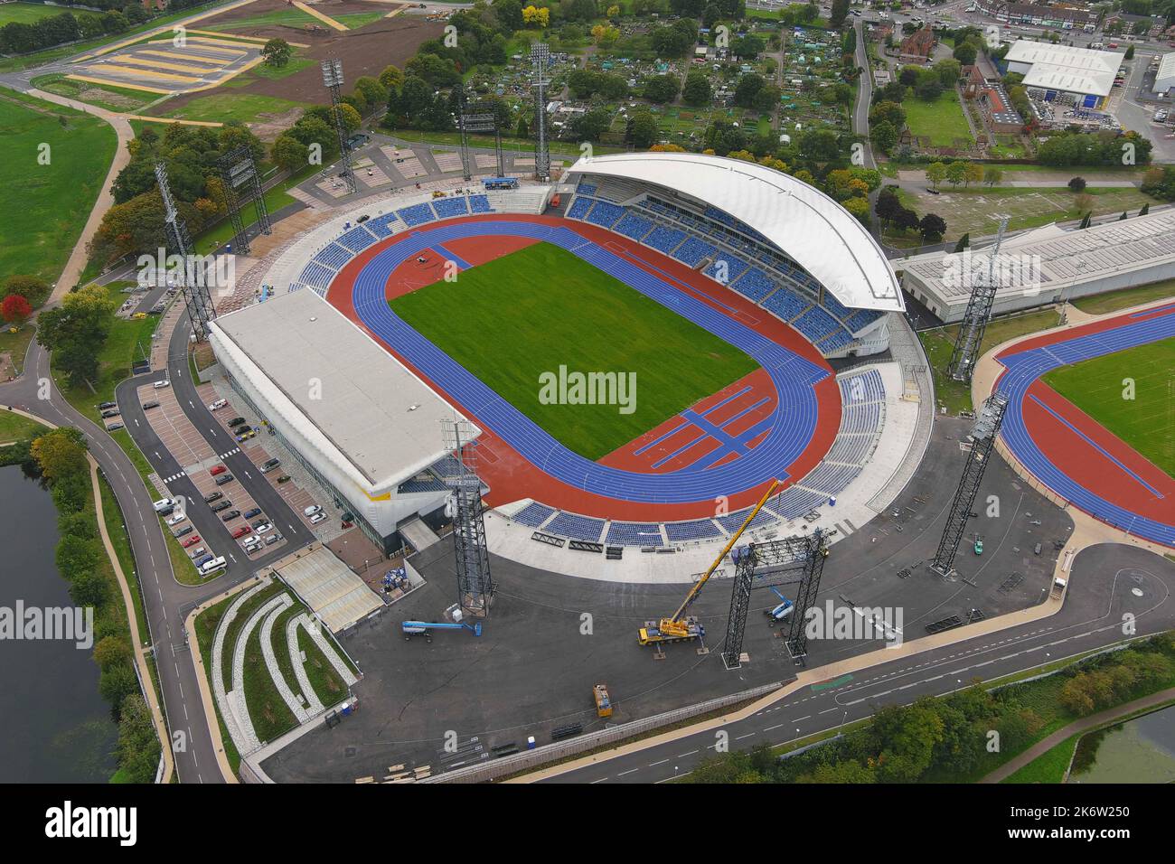 A general overall aerial view of the track at Alexander Stadium, Monday ...