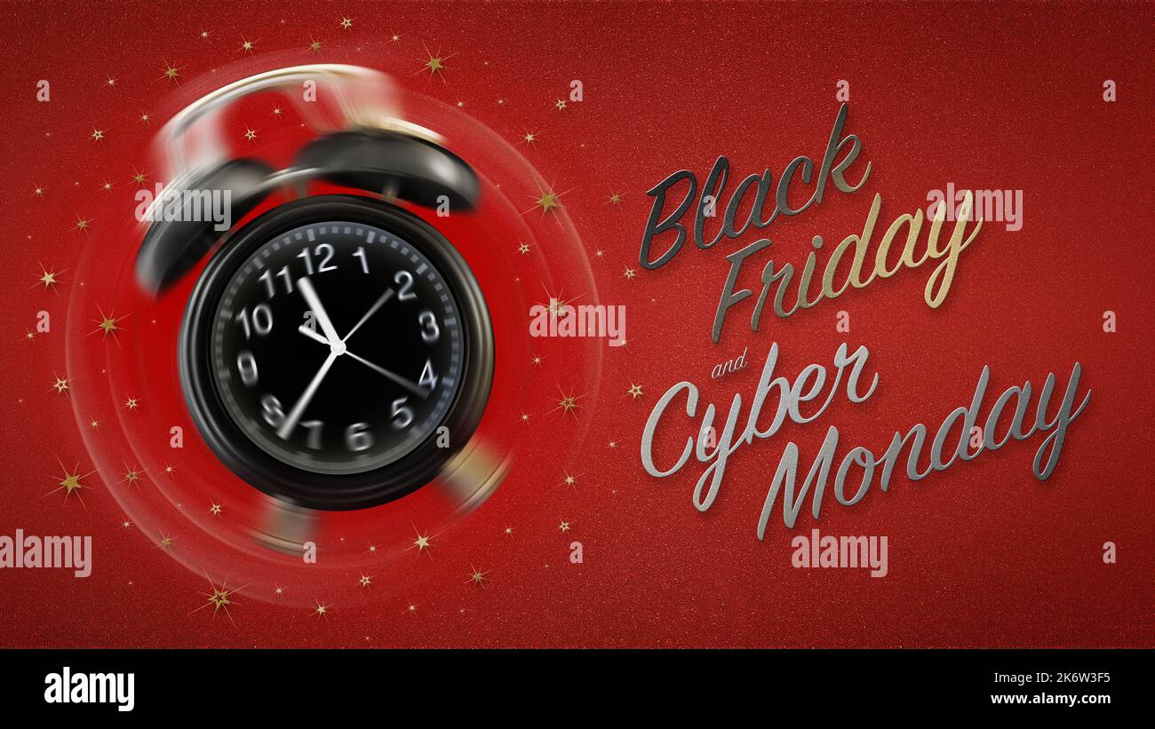 ringing alarm clock with black Friday and cyber Monday text isolated on ...