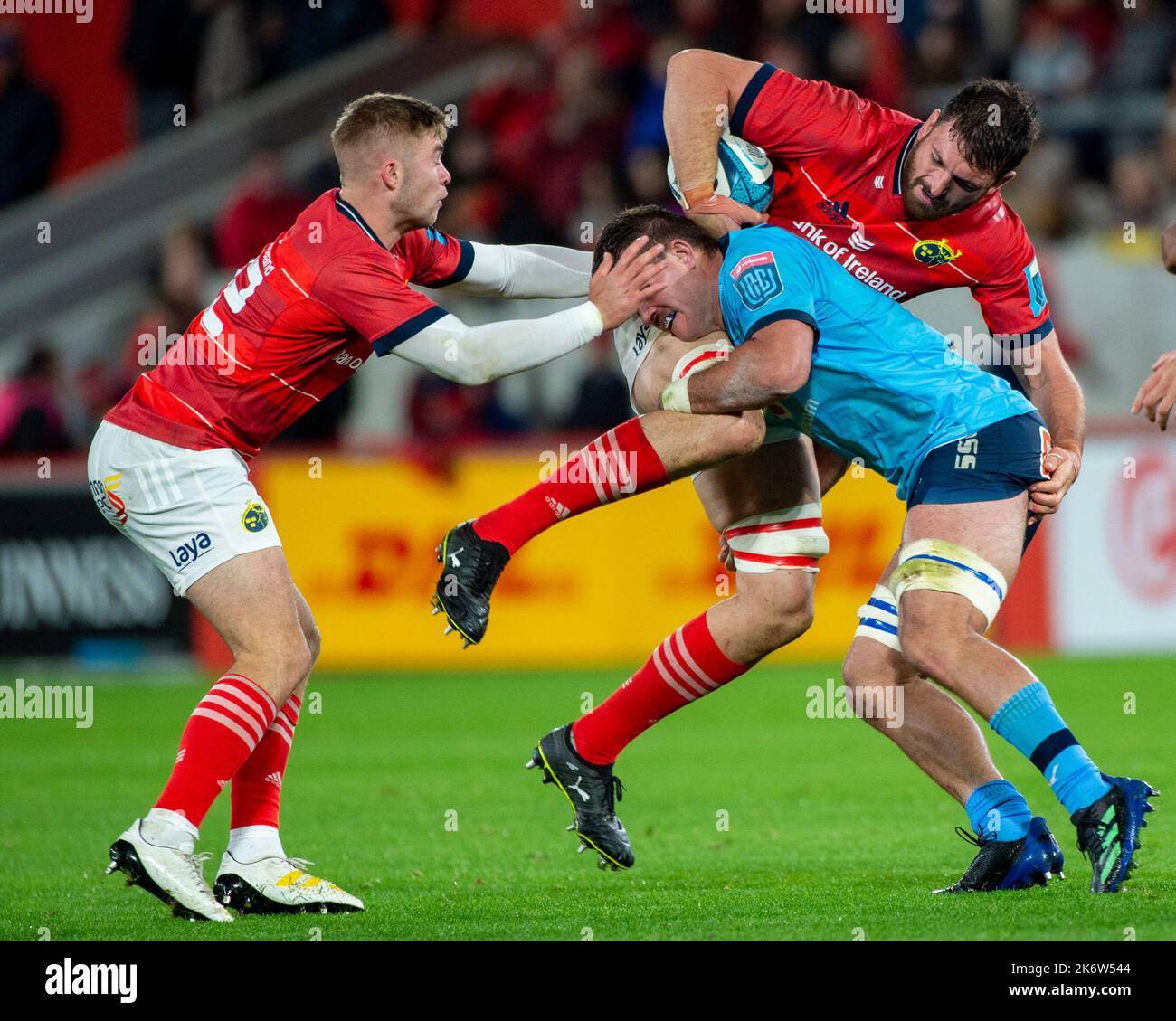 Limerick, Ireland. 16th Oct, 2022. Jean Kleyn of Munster tackled by WJ ...
