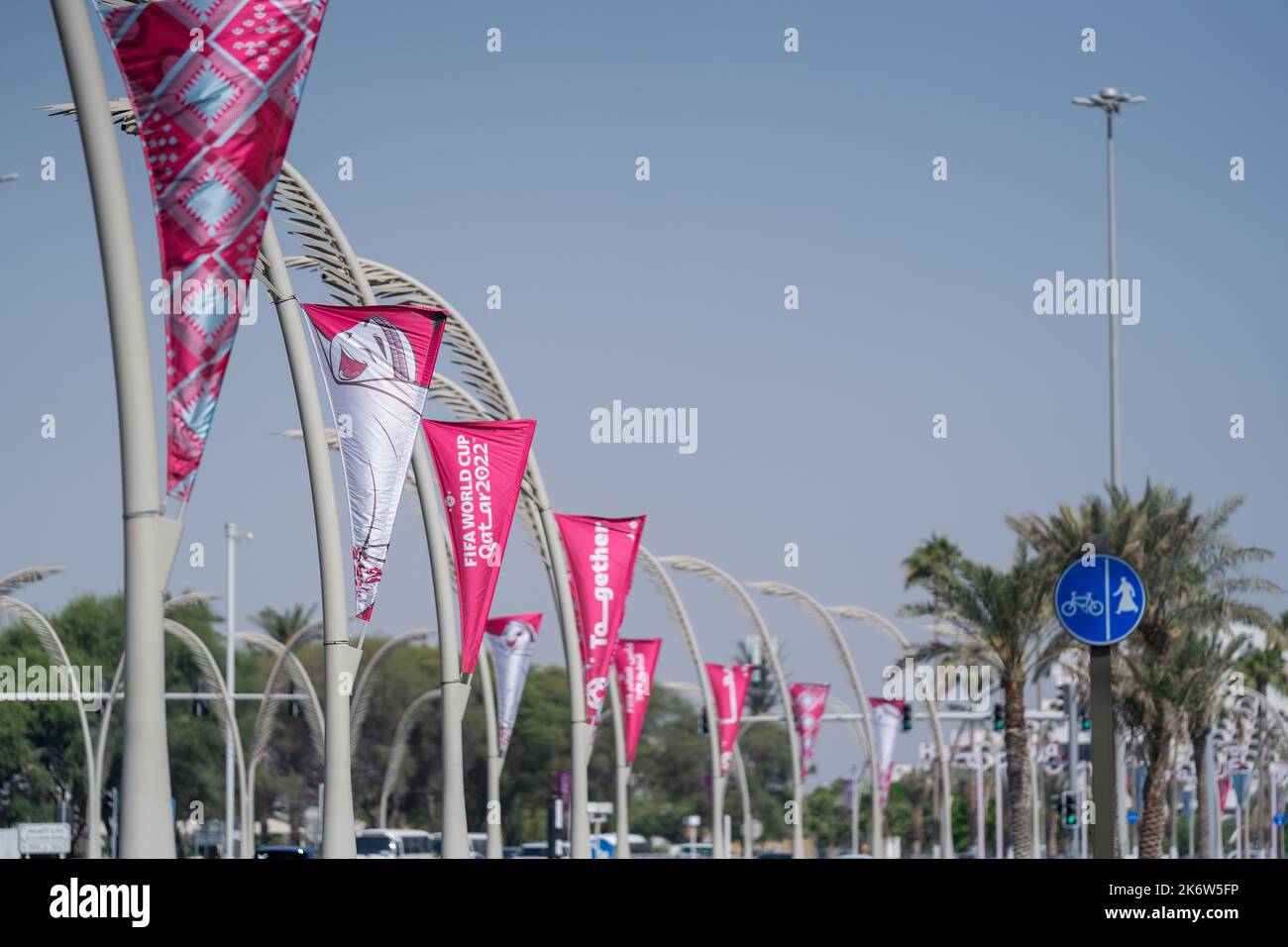 Flags promoting FIFA World Cup 2022 waves on a lamp post in Doha ...