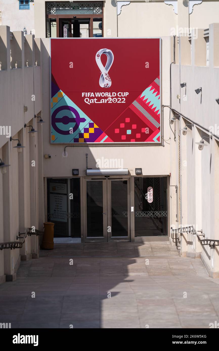 An advertising board promoting FIFA World Cup 2022 in Souq Wakif Doha ...