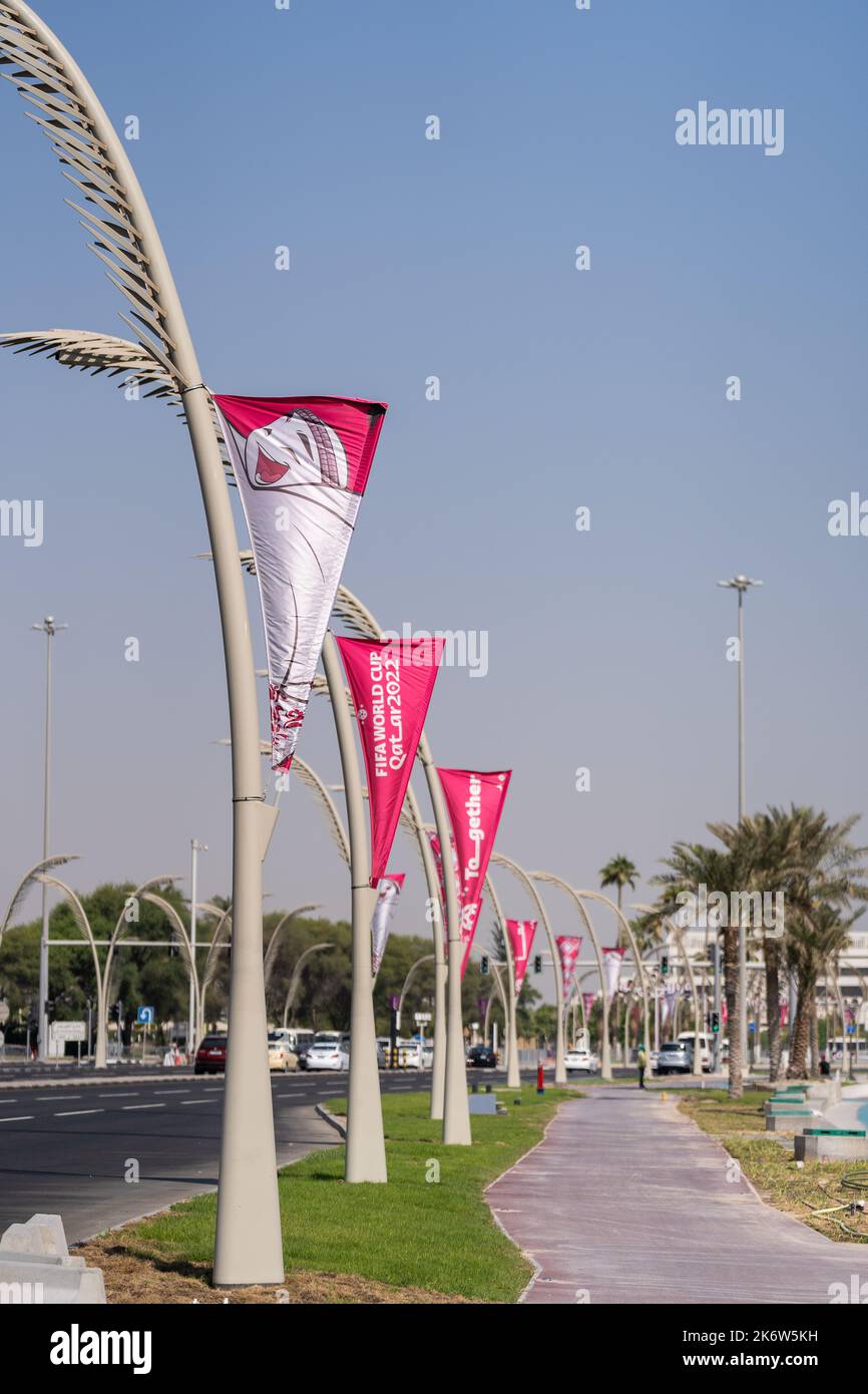 Flags promoting FIFA World Cup 2022 waves on a lamp post in Doha ...