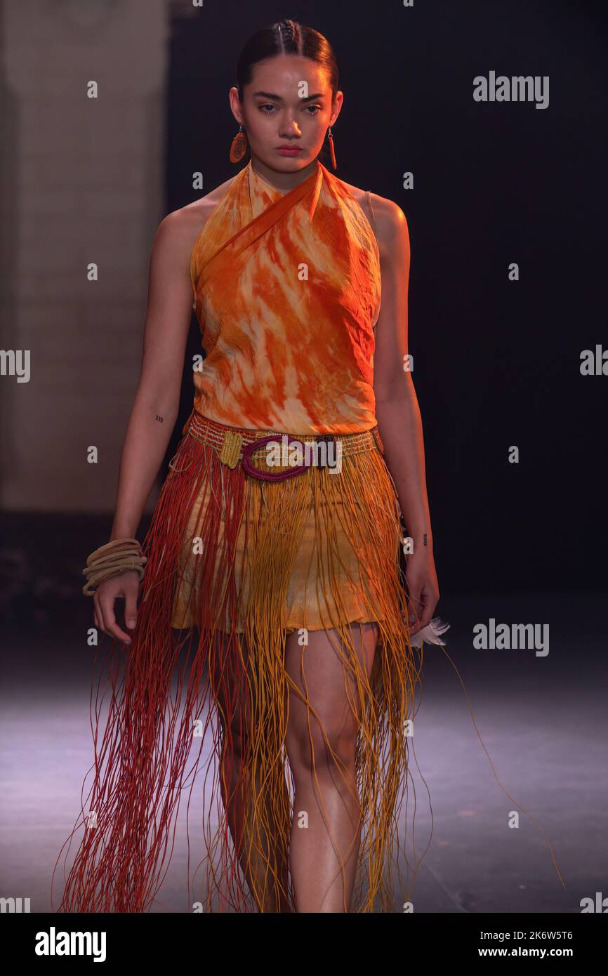 A model dressed in a design by Gapuwiyak Culture and Arts with Aly de Groot during the Ganbu ...