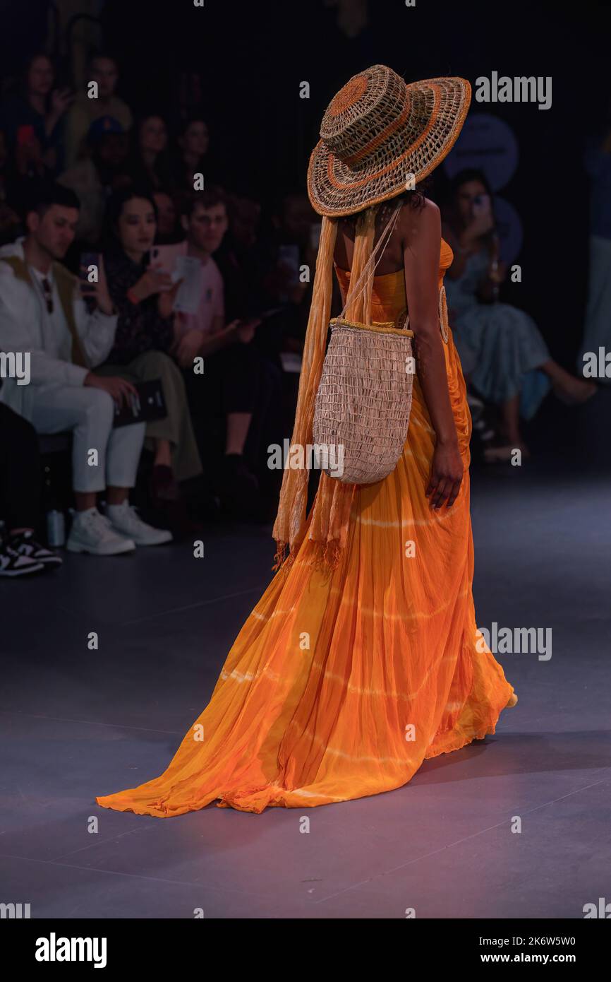 A model dressed in a design by Gapuwiyak Culture and Arts with Aly de Groot during the Ganbu ...