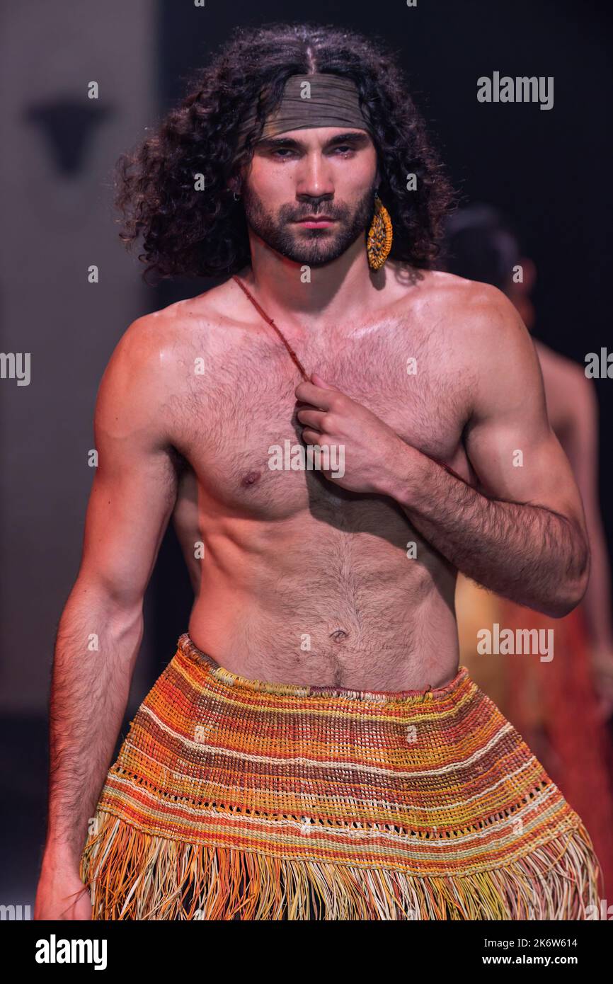 A model dressed in a design by Gapuwiyak Culture and Arts with Aly de Groot during the Ganbu ...