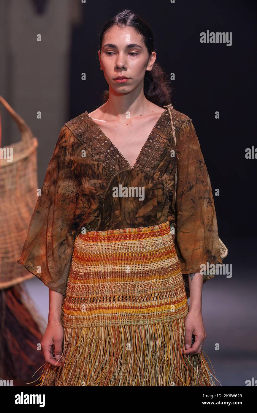 A model dressed in a design by Gapuwiyak Culture and Arts with Aly de Groot during the Ganbu ...