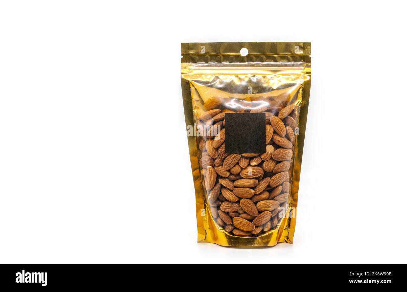 Almond nuts in window pouch packaging with plastic, golden color ...
